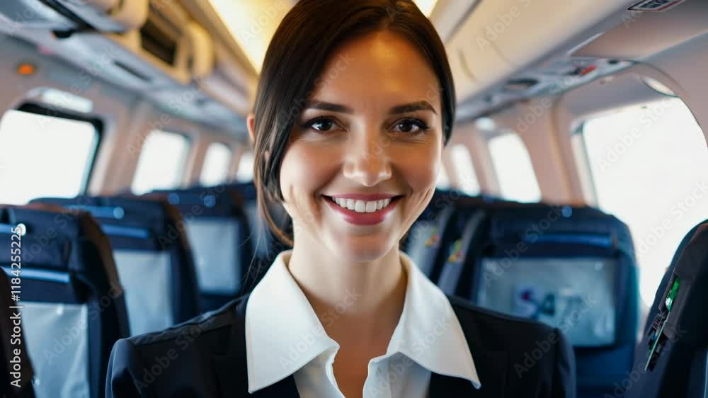 A smiling young Caucasian flight attendant in the middle of an empty ...