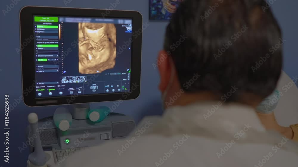 Ultrasound machine screen displaying a 3D image of a baby in the late ...