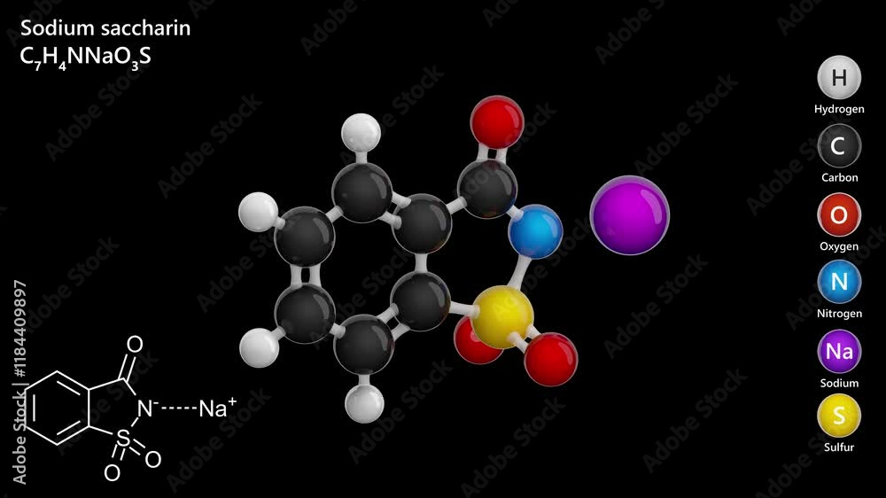 Sodium Saccharin. E954 food additive. Animated 3D model of a molecule ...