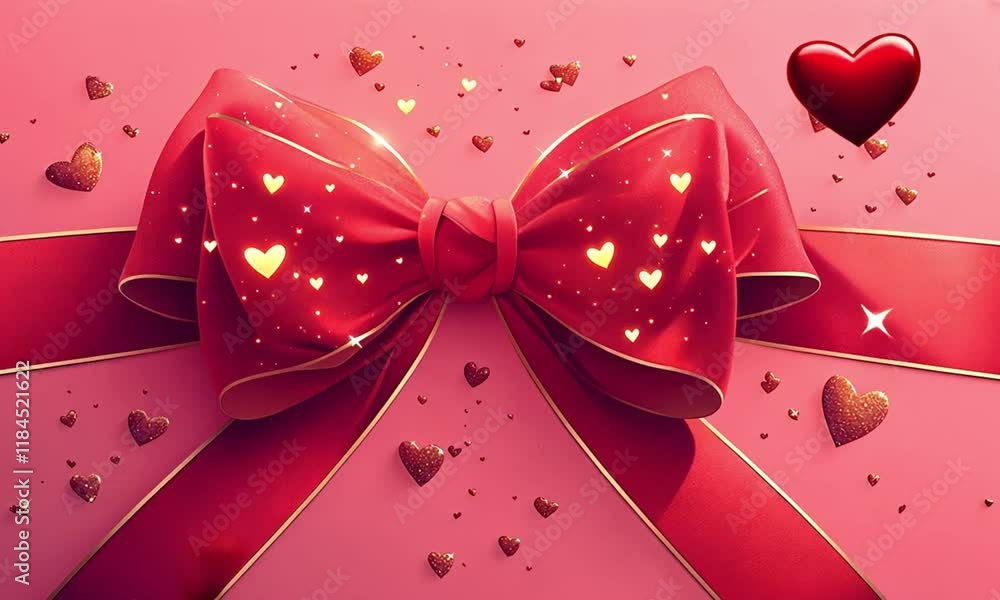 A red ribbon with gold hearts is shown with a pink background. The ...