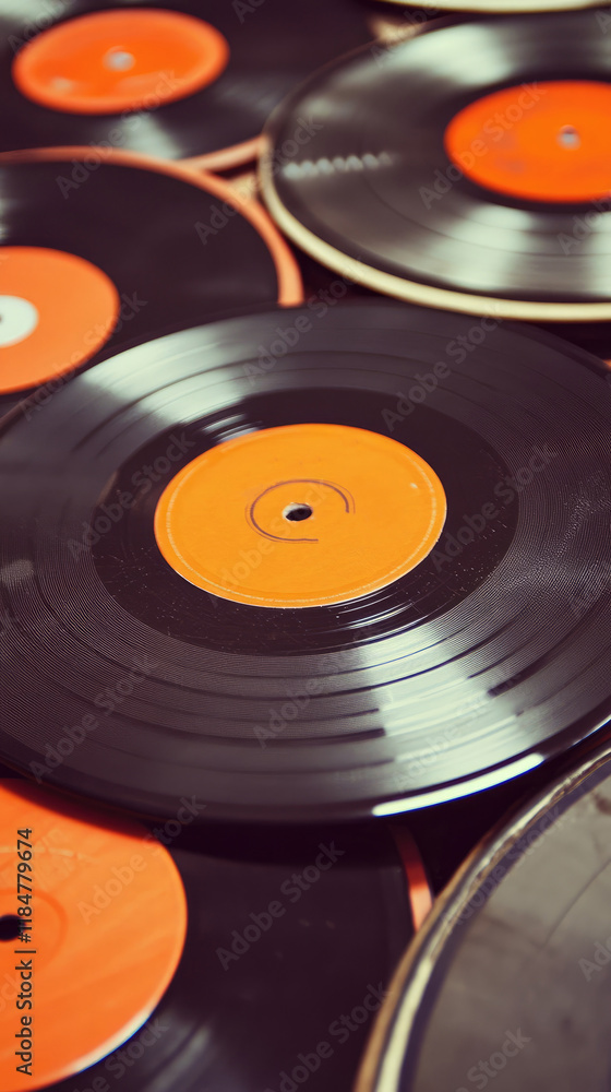 Photo & Art Print Vintage Vinyl Records Collection with Retro Orange ...