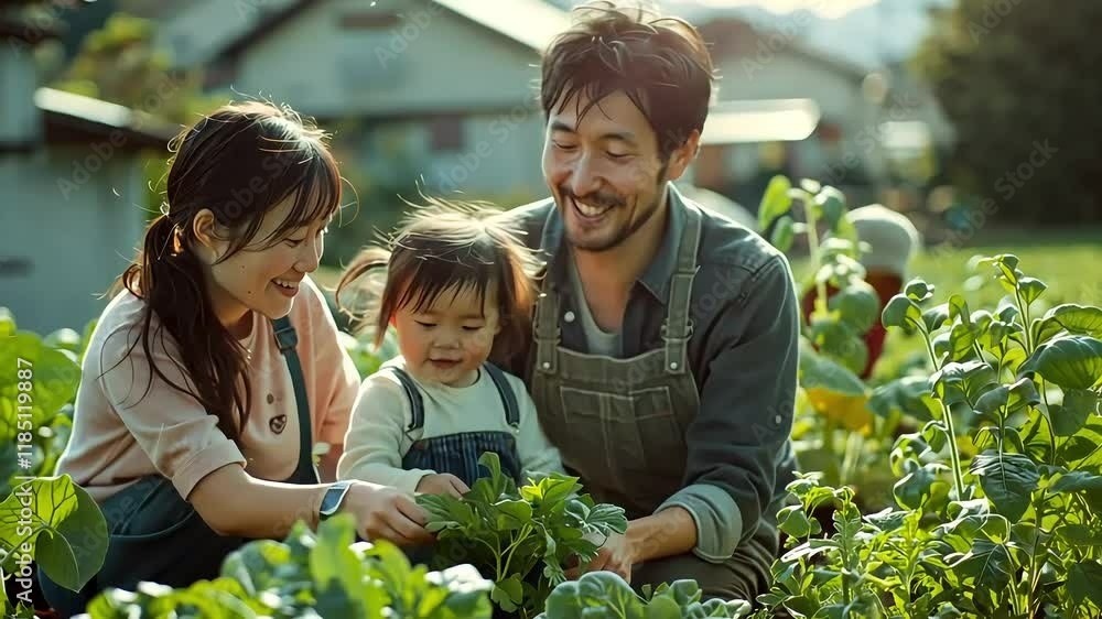 Asian family mother, father, and daughter is joyfully exploring a green ...