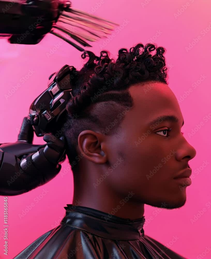 Robotic arm with special hair cutting tools carefully styling the hair ...