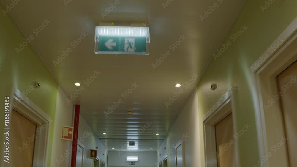 Emergency lighting activating progressively along darkened building ...