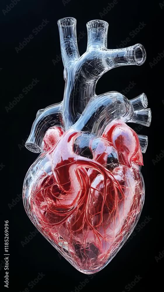 Vertical video Translucent 3D model of a human heart, medical animation ...