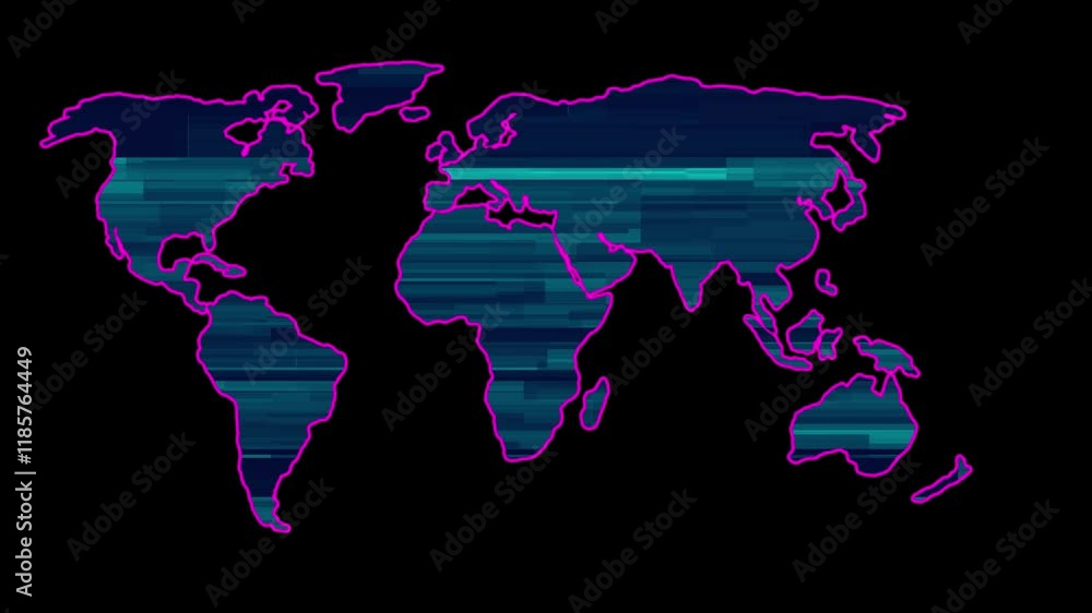 World map footage with glitch and noise. Technology visualization of a ...