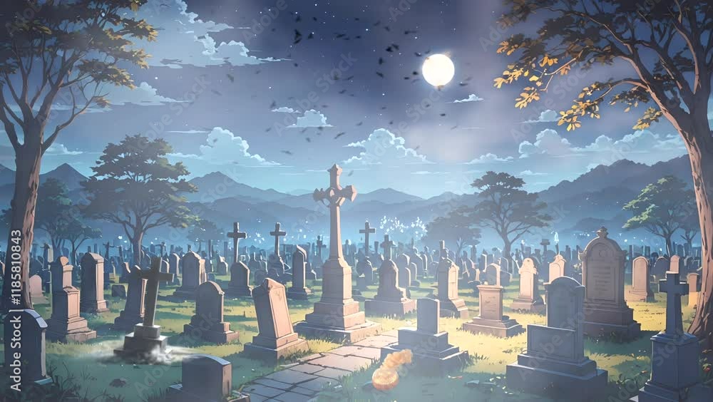 Cemetery landscape, graveyard tombstones background, vector Halloween ...