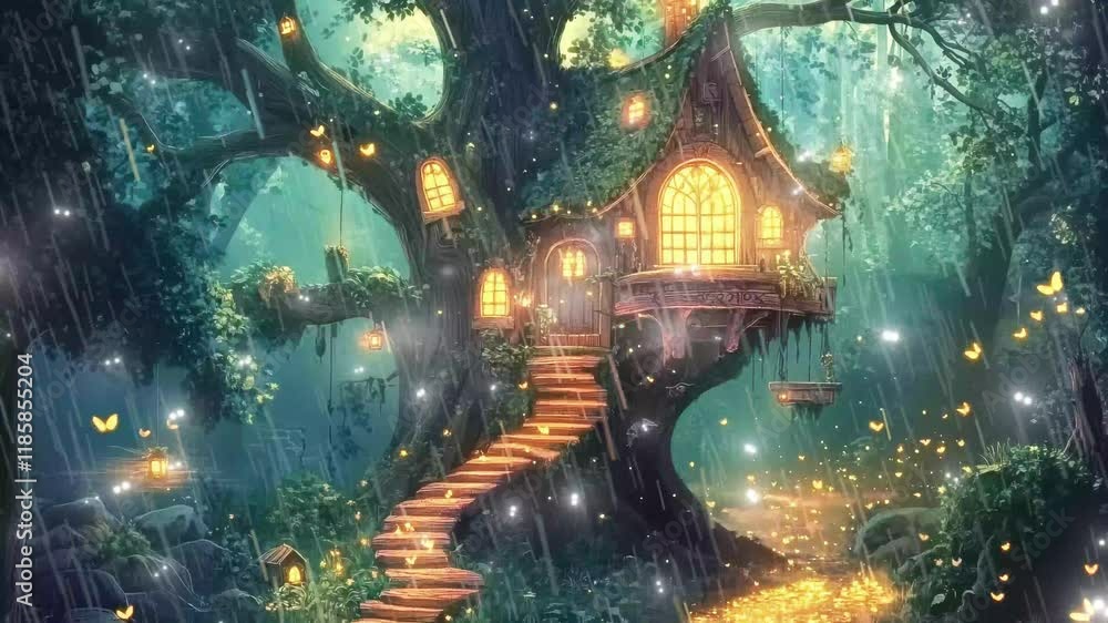 A magical tree house surrounded by glowing lights and fireflies at ...