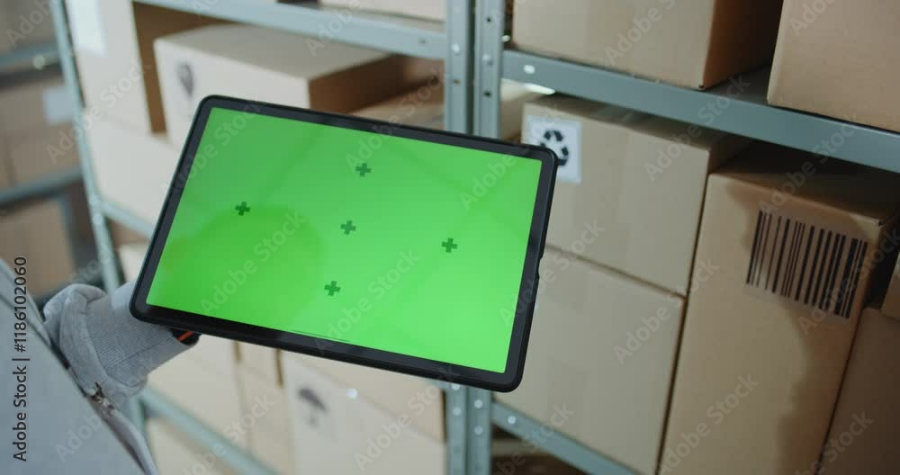 Postal Warehouse Associate Scans Code on Cardboard Box with Barcode Scanner, Checks Parcel ...