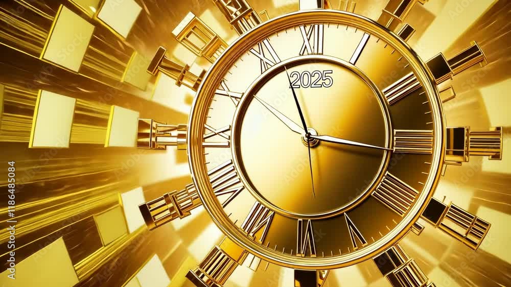 Golden Clock with Roman Numerals and Year 2025 Shines Brightly ...