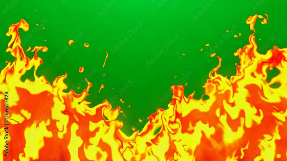 Cartoon fire overlay, orange lava blaze isolated on green screen chroma ...