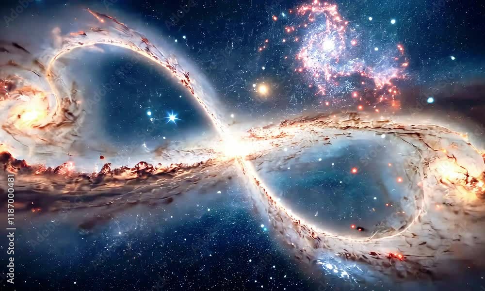 Infinity symbol in space formed by a nebula - zoom + starfield Stock ...