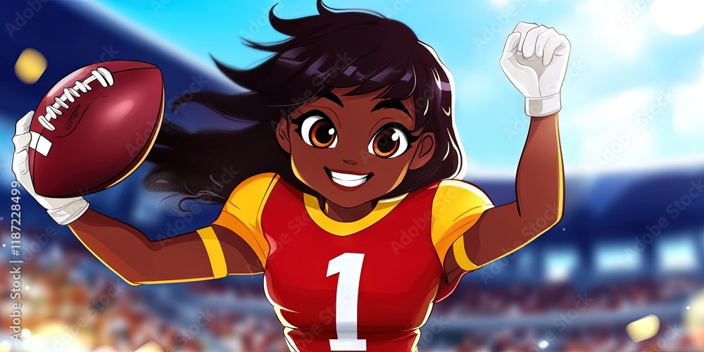 Poster 2D animation female football player scoring touchdown in stadium ...