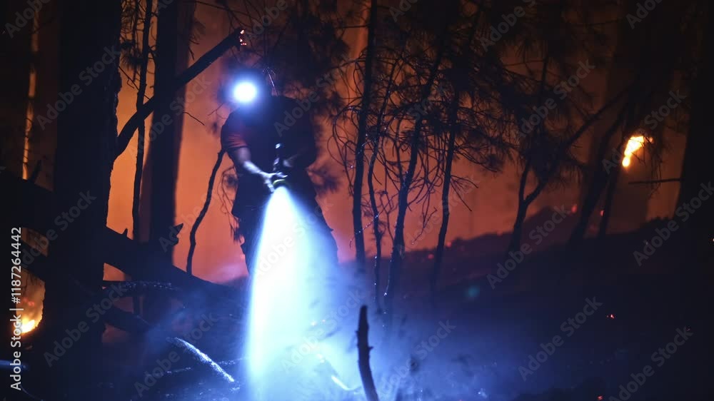 Nighttime forest fire engulfs mountain slopes with heavy smoke ...