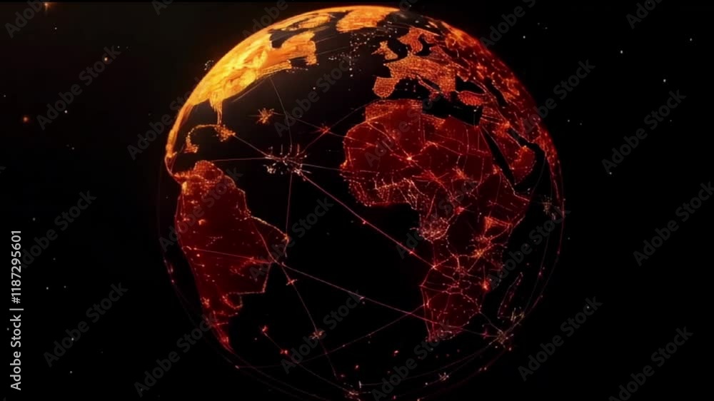 globe with maps of continents with glowing lines denoting state and ...