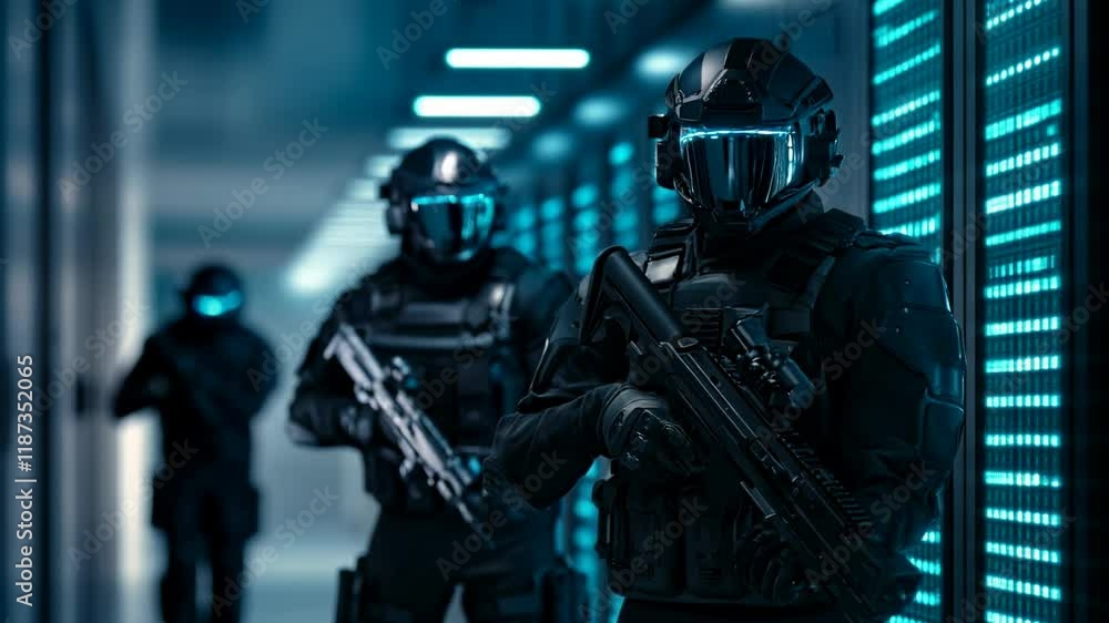 SWAT soldiers team in data center. Special forces in cyber war ...