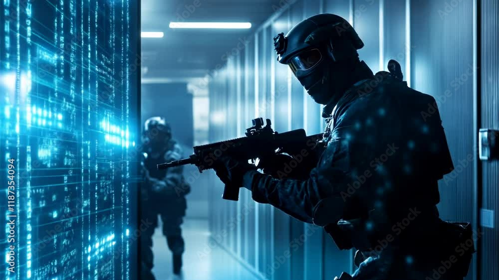SWAT soldier in data center. Special forces in cyber war. Cybercrime ...