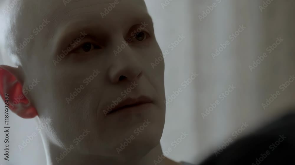Concentrated bald man showing subtle engagement through delicate head ...