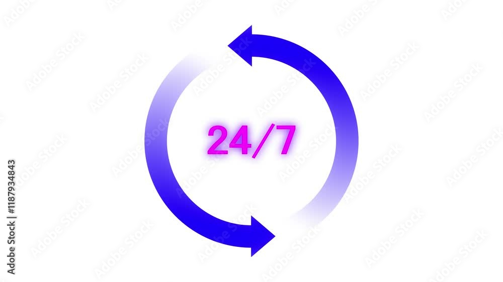 24 by 7 neon animation. Time clock animated icon glow effect. Scaling ...