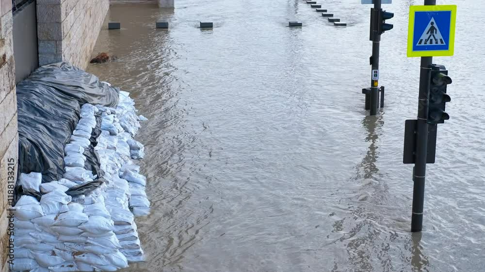 Flooding in the city. Flood water rising threatening city buildings ...