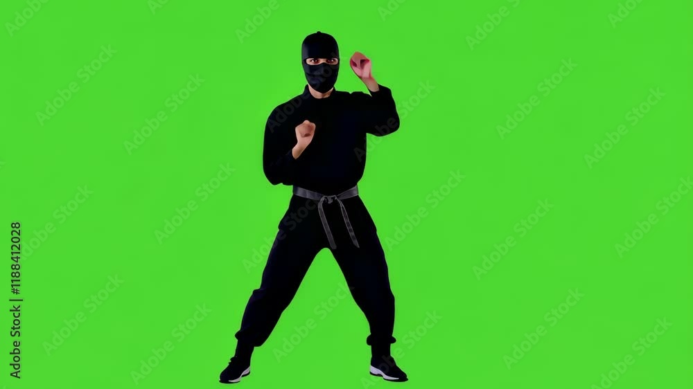 Ninja Warrior Pose: A mysterious figure in a black ninja suit and mask ...