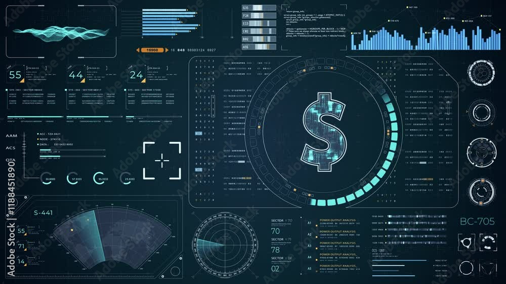 Motion graphic of Blue digital money logo with head up display (HUD UI ...