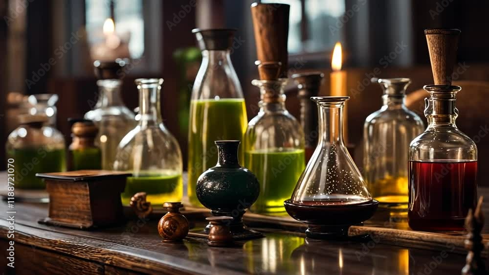 Potions on a potions table. Stock Video | Adobe Stock