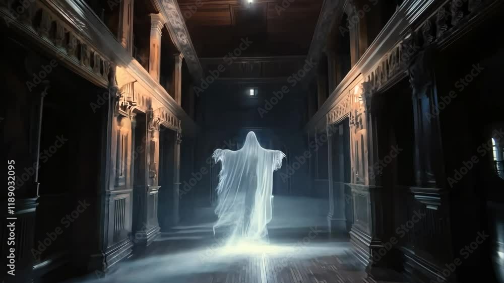 An eerie white figure floating in a hall of abandoned mansion, horror ...