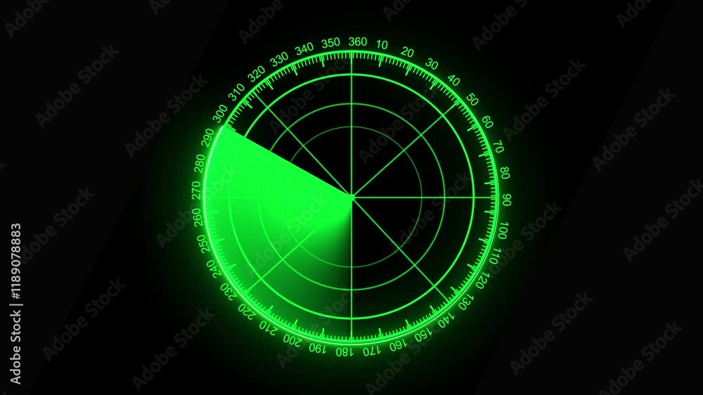 Radar screen animation on black background. Signal transmitted sonar ...