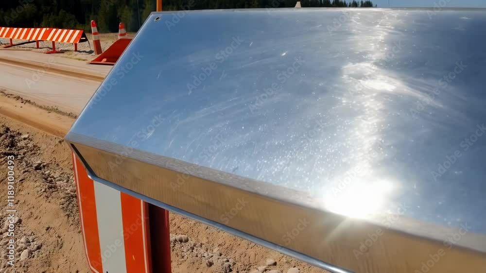 Sunlight reflects on the shiny surface of a blank rectangular road sign ...
