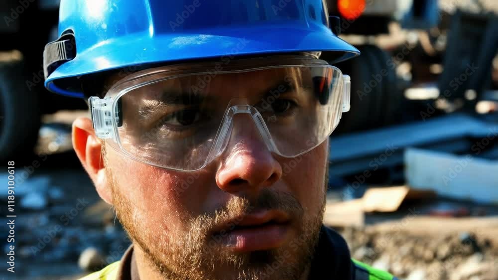 Construction worker wearing safety glasses and a hard hat observes the ...