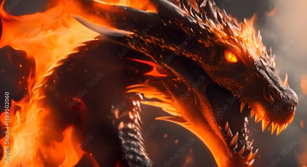 Dragon in fire flames Yellow Eye with burning fire Evil Brown Fantasy ...