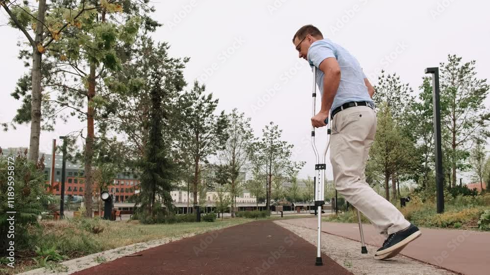A man barely hobbles on one leg with crutches. Adult male walking ...
