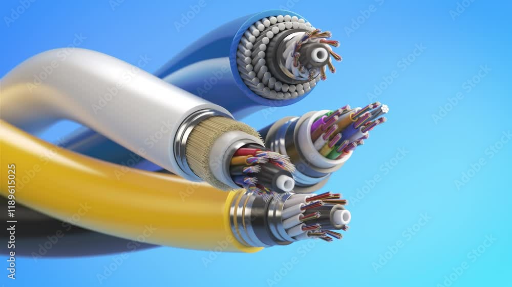 Fiber optical internet cable of various types. Cross section layers ...