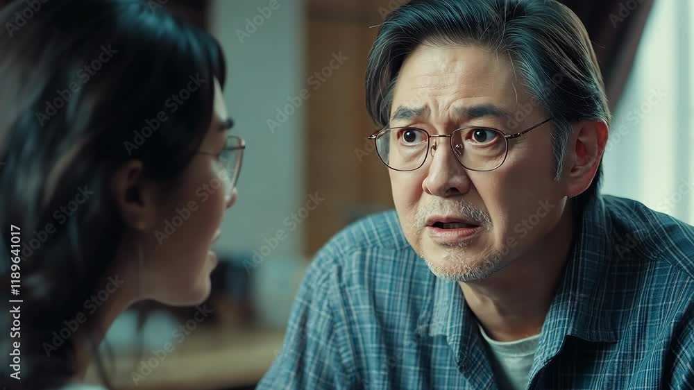 Older Asian father wearing glasses with a concerned look on his face ...