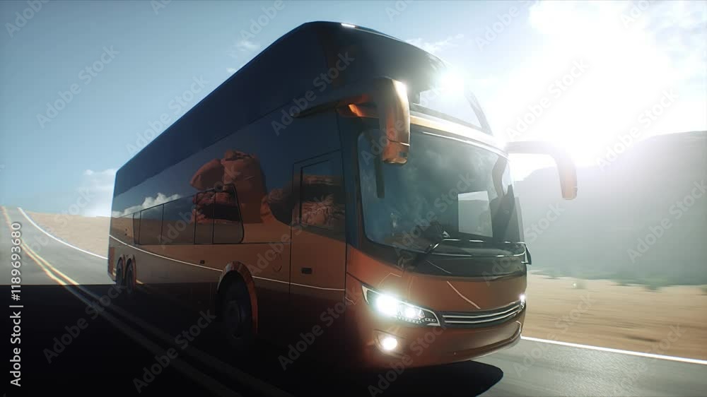Touristic bus very fast driving on desert highway. Tourism, travel ...