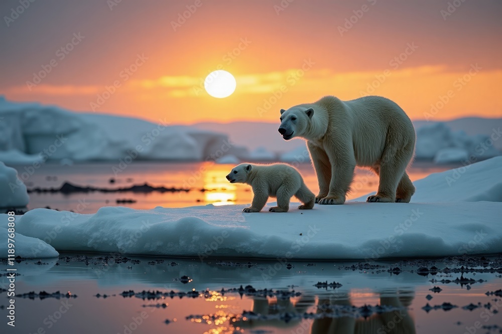 Photo & Art Print A polar bear cub and its mother walking across a melting glacier surrounded by ...