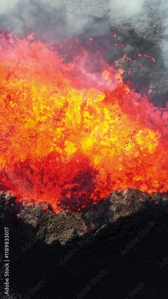 Vertical Screen: Volcano Eruption, Flowing Red Hot Lava Erupts from ...