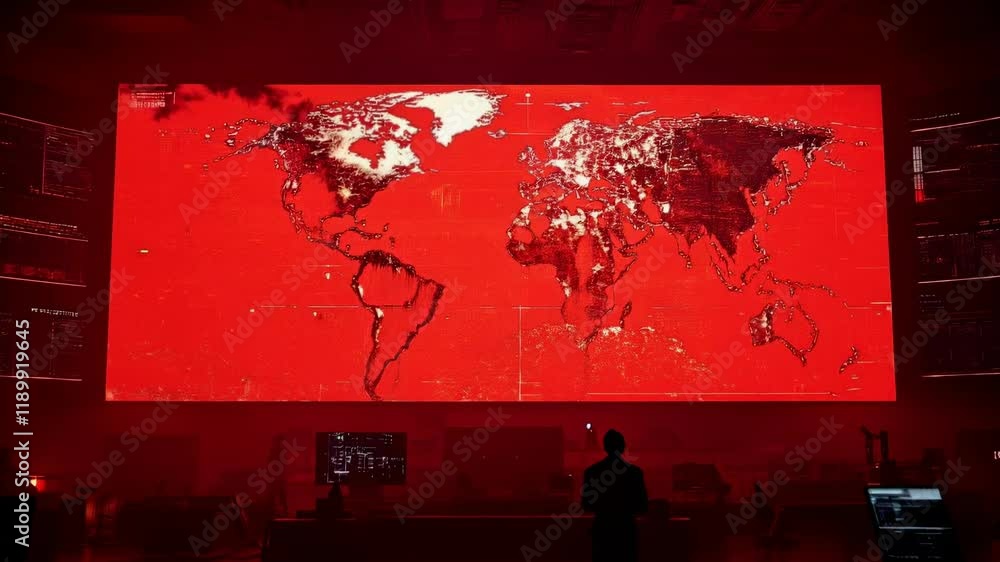Global Surveillance System Red Alert World Map Display in a Futuristic ...