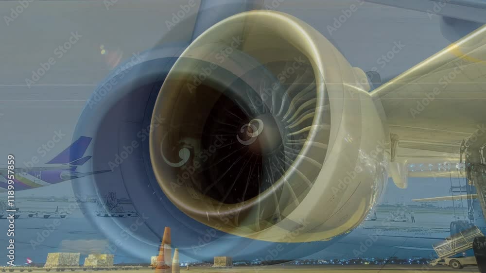 Jet engine at an airport - spooling up. Modern jet engines, turbofans ...