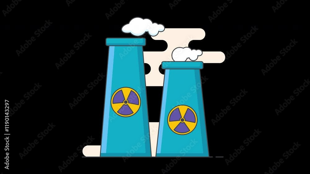 A cartoon illustration of two nuclear power plant cooling towers with ...