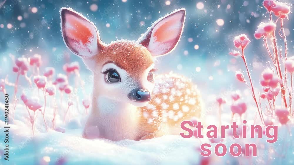 A fawn explores a snowy landscape with blooming flowers. starting soon ...