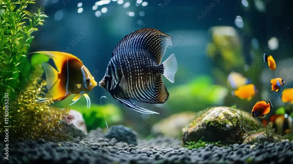 Angle scene of fish fighting in aquarium, seamless looping motion for ...