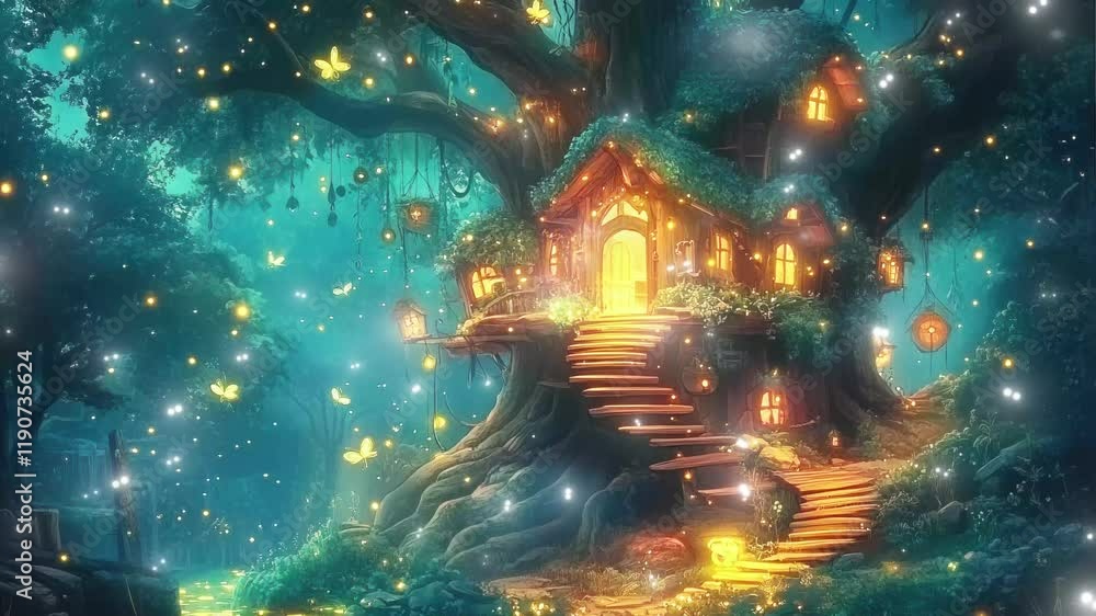 A whimsical tree house shines with lights, surrounded by butterflies ...