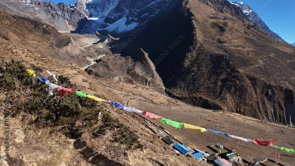 Samdo, Nepal: Footage of Tibetan buddhist prayer flags fly above the ...