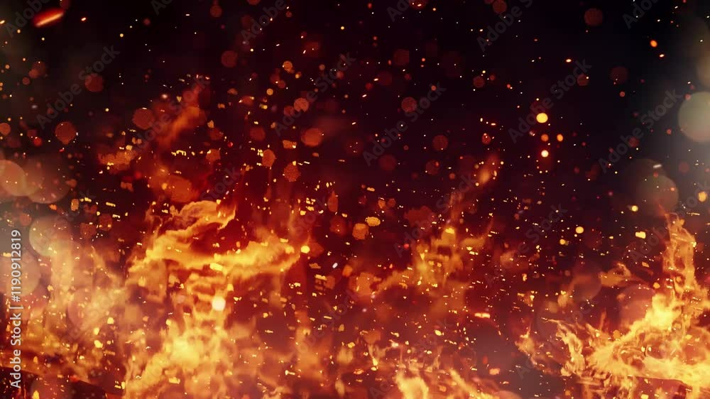 realistic large fire with hot sparks and orb on dark background ...