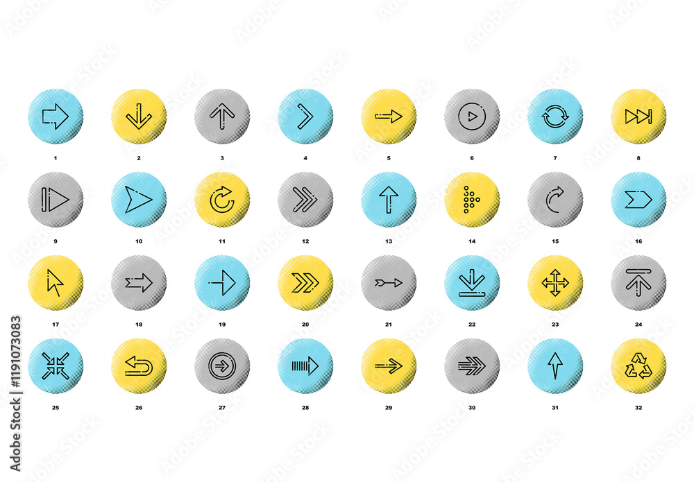 Vector set of arrows flat line web icons with grunge noise texture ...