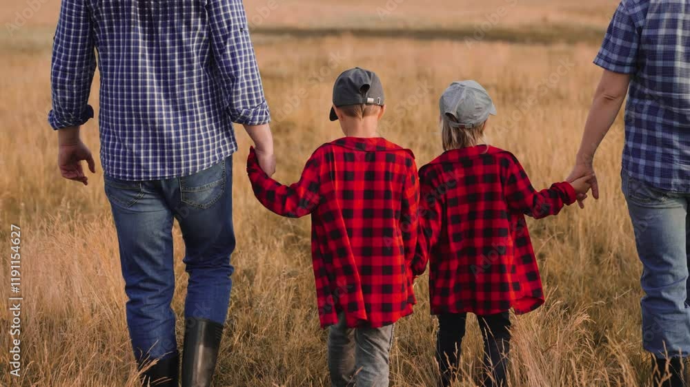 Farmers family of little sons with parents walks holding hands in dry ...