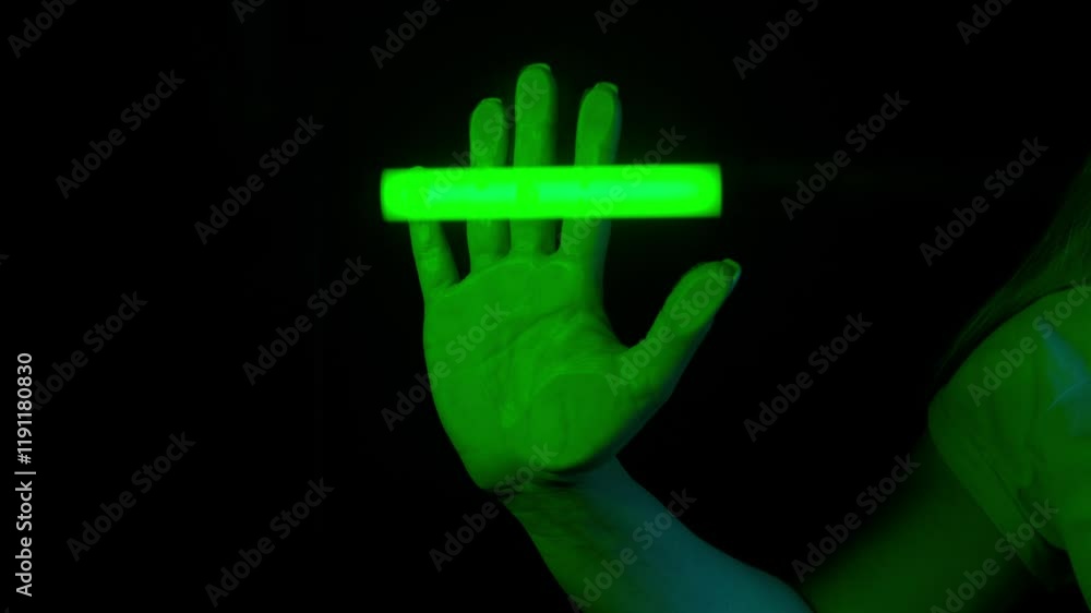 Woman touches glass screen panel, open palm print on transparent ...