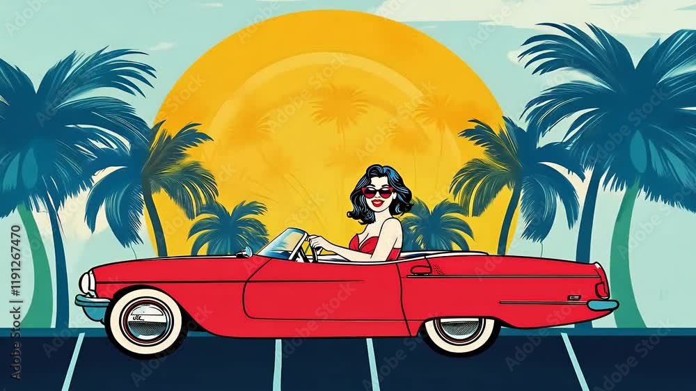 cabrio woman pin sunglasses car beautiful trees illustration palm red ...